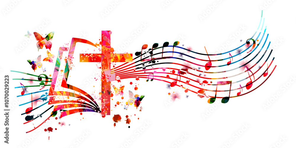 Colorful christian cross with music notes isolated vector illustration ...