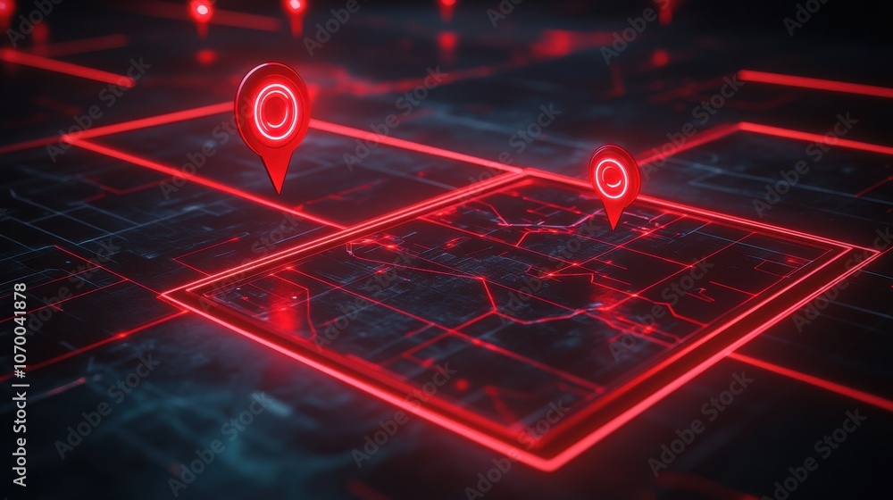 Futuristic digital map with glowing red location markers indicating key ...