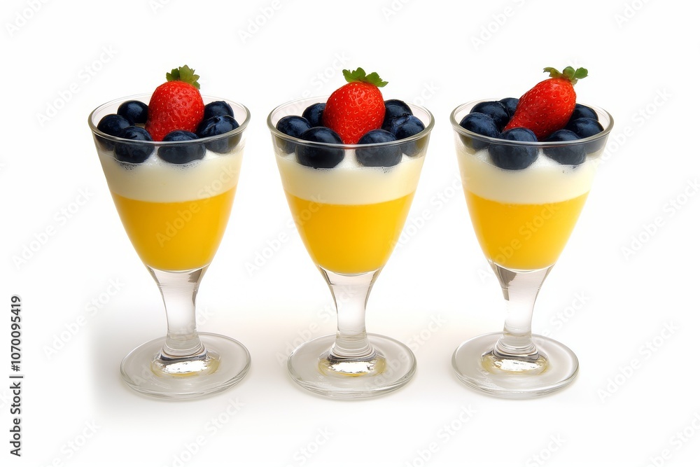 Postres en copas de cristal con capas de crema, mango y decorados con ...