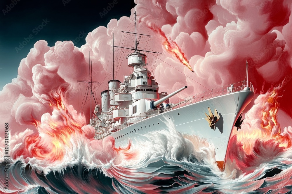 National Pearl Harbor Remembrance Day. A large warship is on fire ...