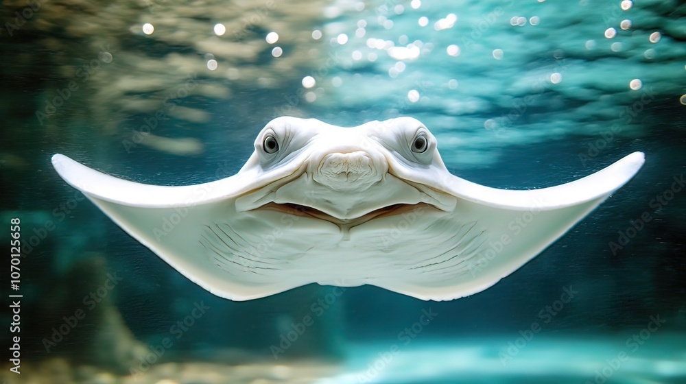 A white, flat, fish with a smiling mouth looks directly at the camera ...