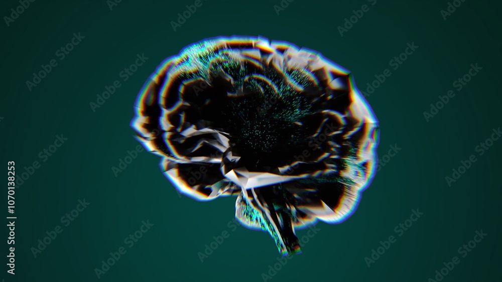 3D abstract digital brain with glitch effect and particle details on ...
