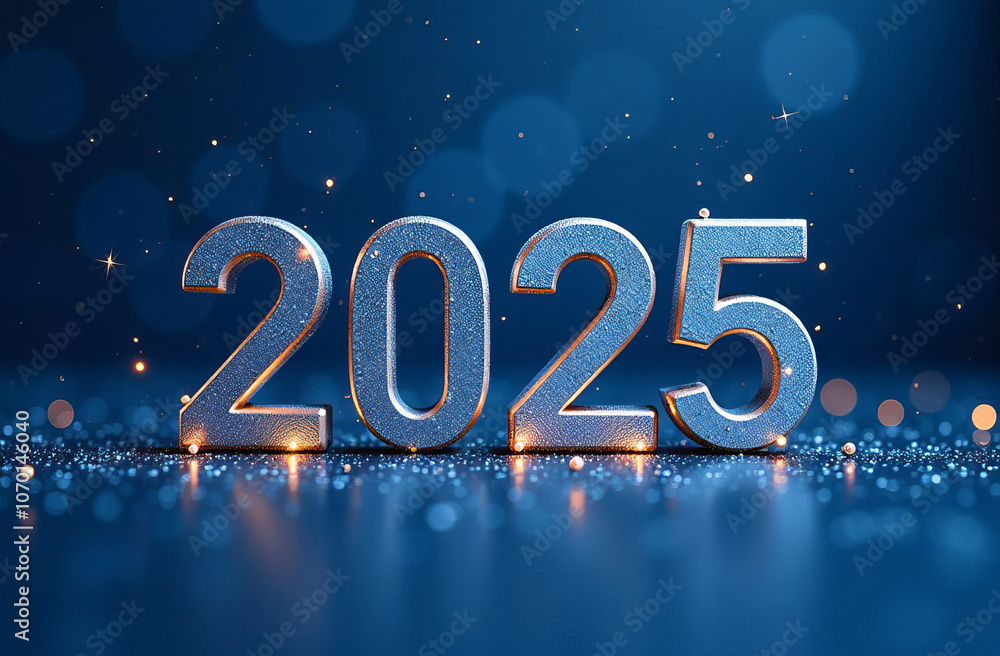 Happy new year 2025 with silver metallic numbers on dark background ...