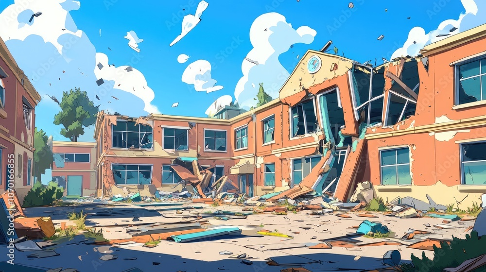 Devastated school building with blown out windows and roof damage from ...