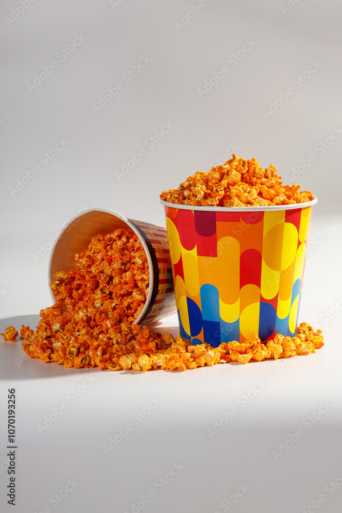 Two colorful popcorn buckets, one upright and one tipped over, with ...