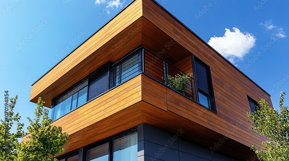 Wood texture composite cladding installation on house facade featuring ...