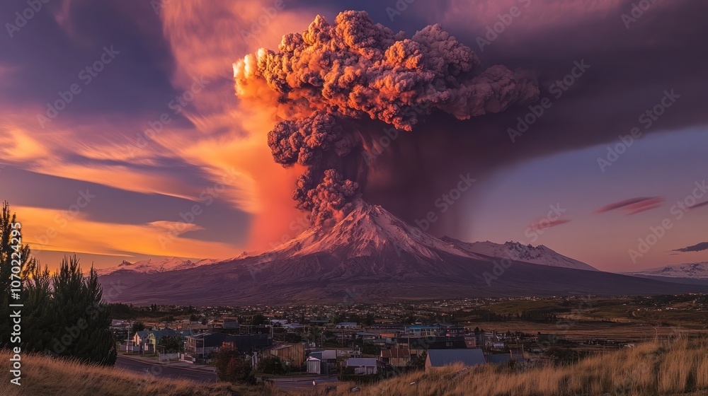 Volcanic ash cloud formations erupting from active volcanoes, spreading ...