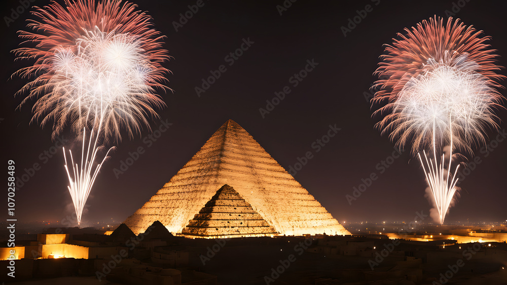 Fireworks bursting over the ancient pyramids of egypt at midnight on ...
