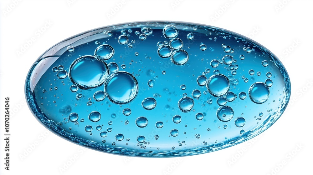 Oval blue water bubble with suspended air bubbles on white background ...