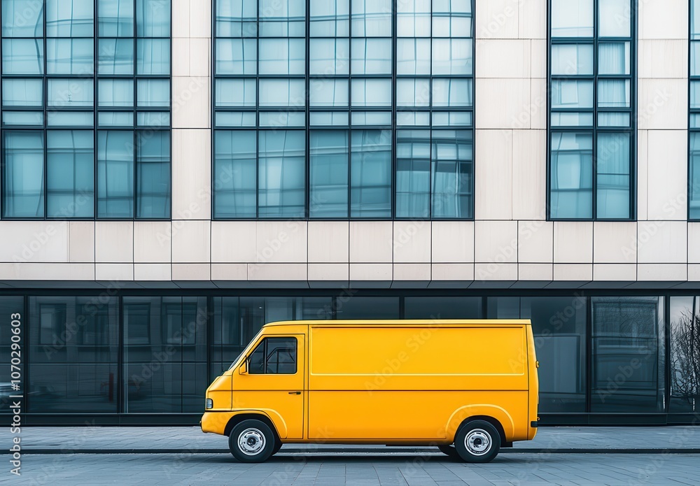 A yellow van is parked in front of a building with large windows. The ...