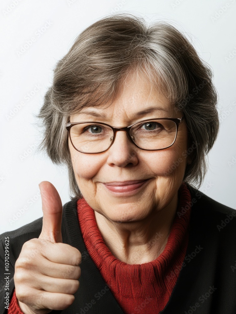 Older woman smiling and giving a thumbs up gesture to express approval ...