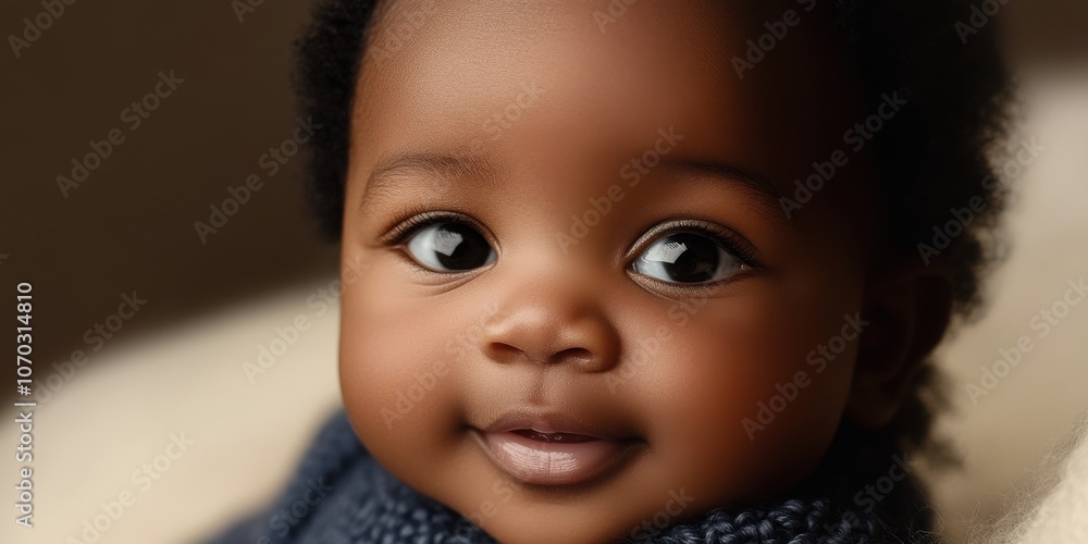 Portrait of a joyful baby with expressive eyes and soft curls in a cozy ...