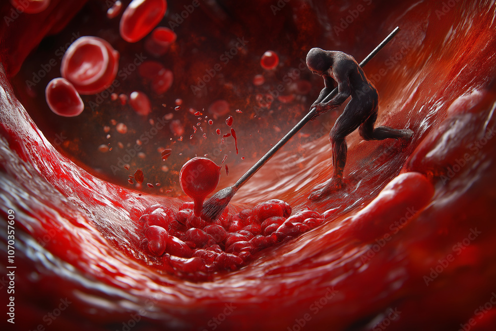 Illustration of the inside of a blood vessel, showing a small figure ...