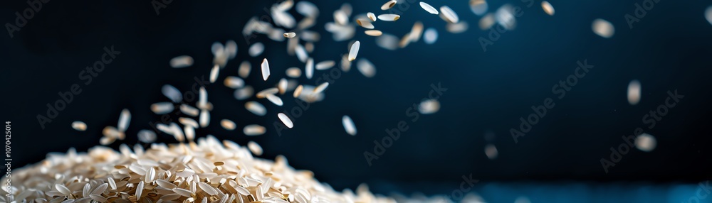 Artistic depiction of rice grains falling in slow motion, retro ...