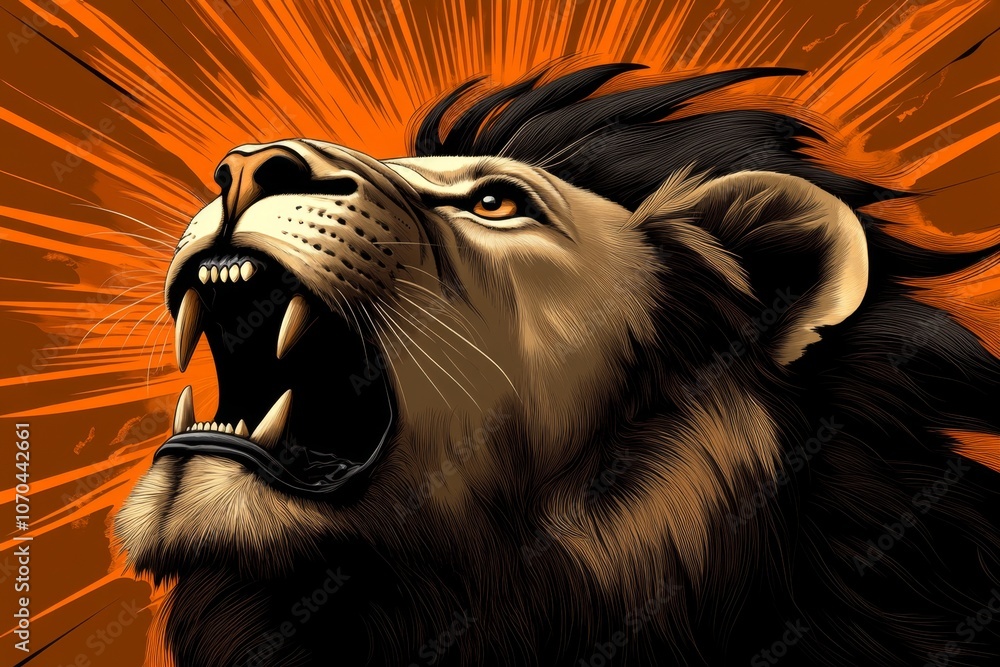 Vintage-style illustration of a roaring lion, with classic bold lines ...