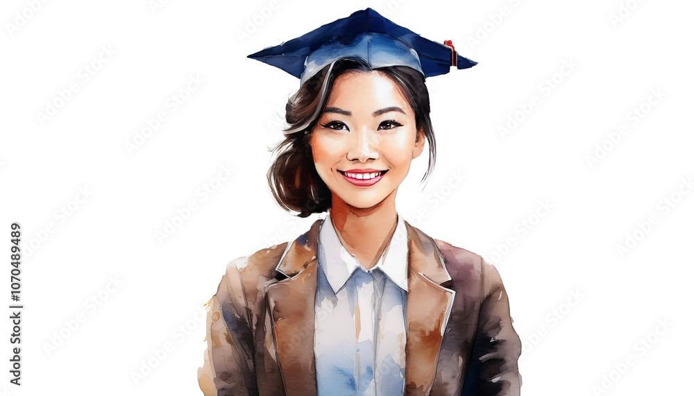 watercolor illustration of a smiling female graduate wearing a ...