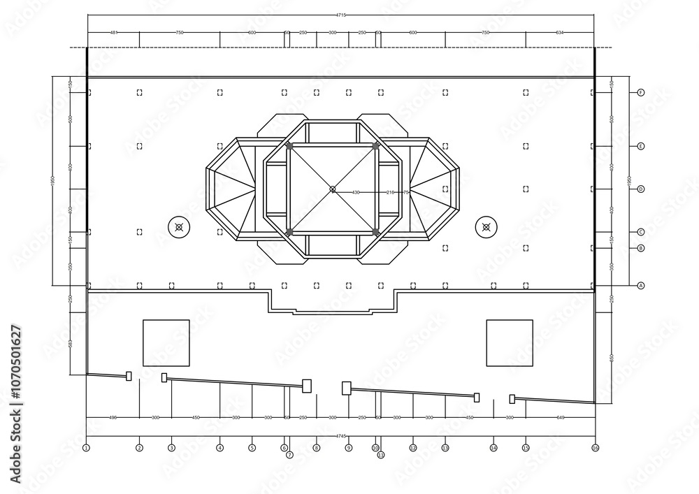 2D top view floor plan of a dome-roof structure with detailed notations ...