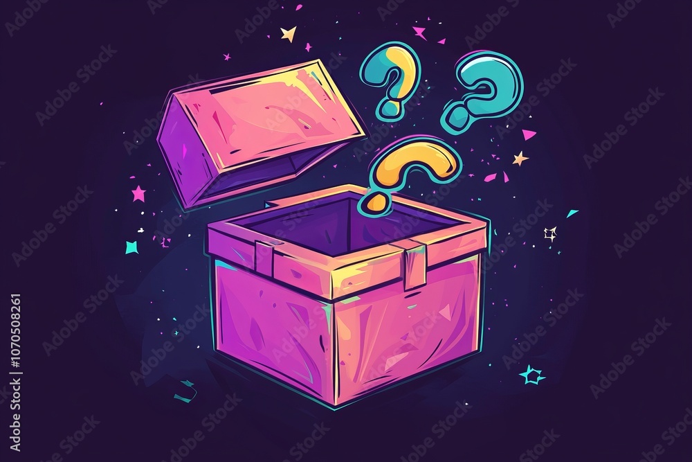 A fun mystery box with question marks flying out of it, fun quiz box ...