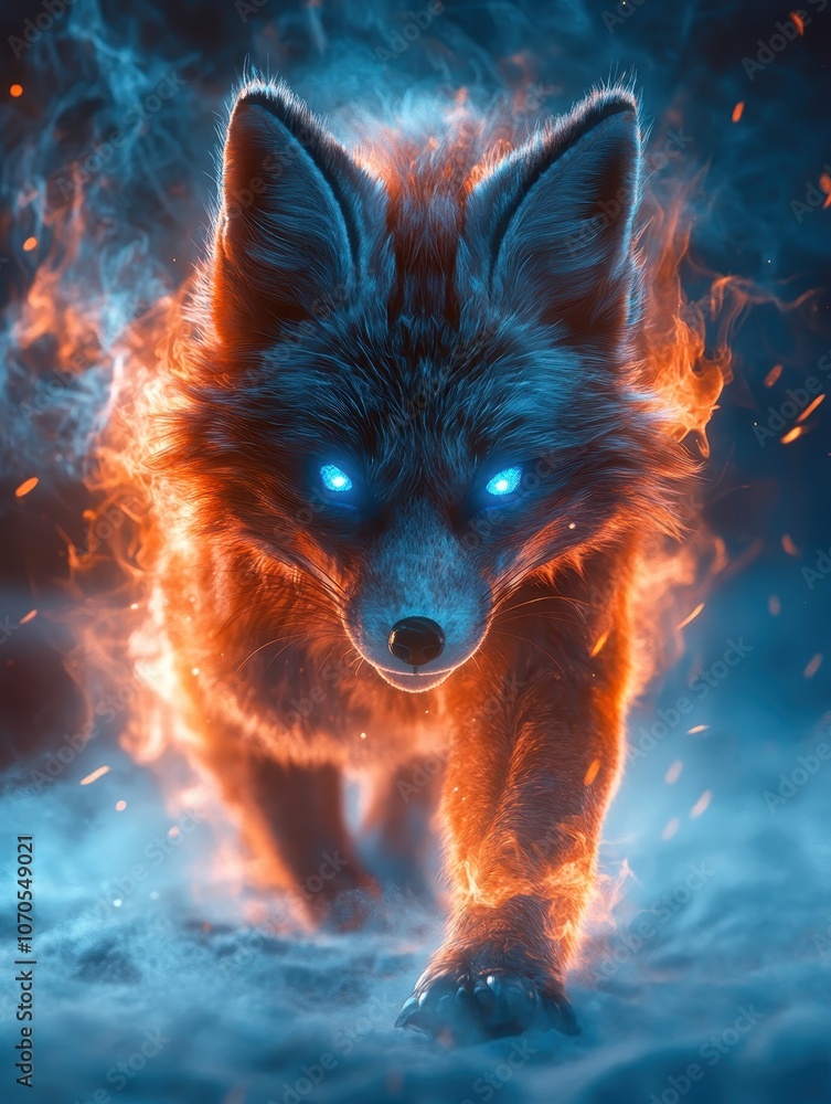 ** Mystical Fiery Fox with Glowing Eyes in a Surreal Fantasy Setting ...