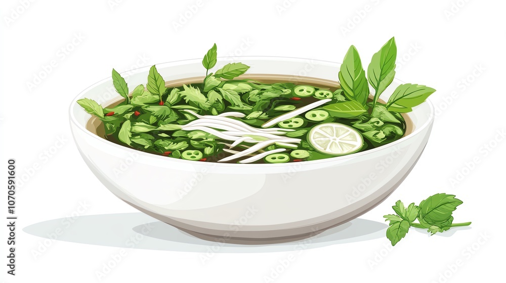 a 2D cartoon illustration of a bowl of pho with fresh herbs, flavorful ...