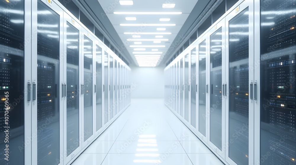 Modern data center hallway with rows of server racks and bright ...