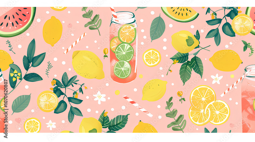 Watermelon and lemonade pattern, pink background, pastel colors Stock ...