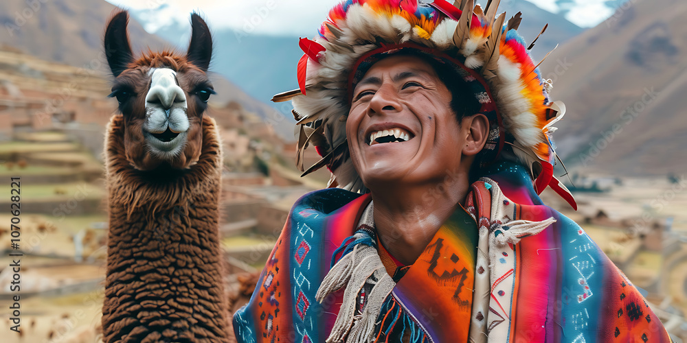 A joyful Indigenous Peruvian man laughing with happiness, wearing ...