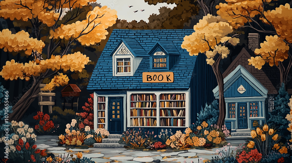 Autumn Festival, a bookstore with on the front, from a painting by ...