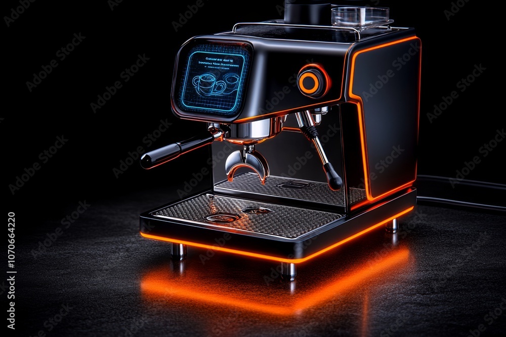 Futuristic coffee machine with neon accents and digital holographic ...