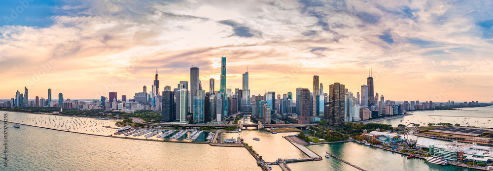 Aerial panorama of Chicago, Illinois skyline at sunset. Chicago is the ...