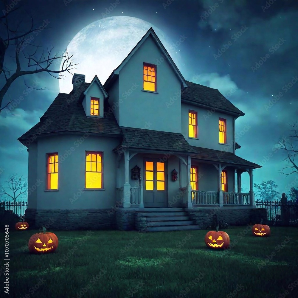 cartoon depiction of a haunted house with spooky decorations, captured ...