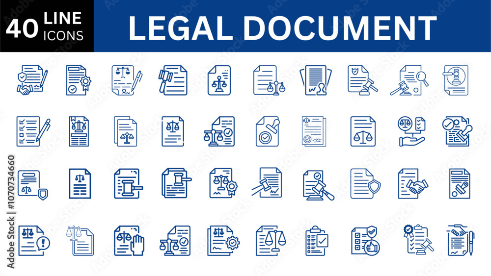 40 Legal document icon set. Containing contract, agreement, passport ...