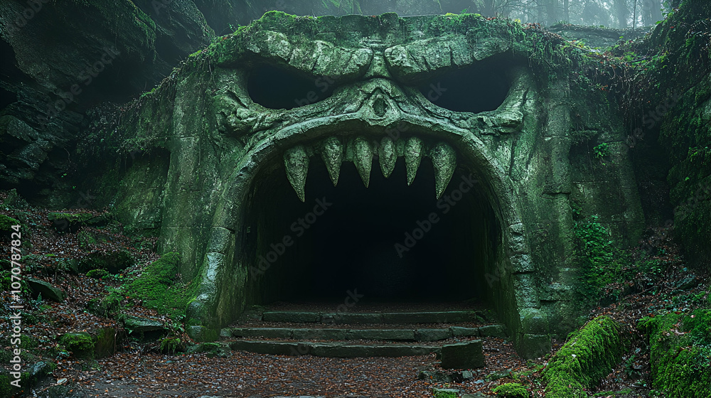 A mysterious, overgrown entrance resembling a monstrous face, set in a ...