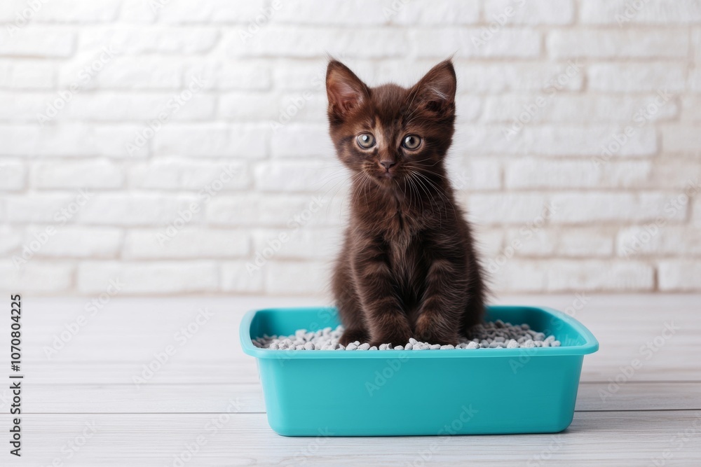 Adorable grey little kitten sitting inside a litter box. Pet care ...