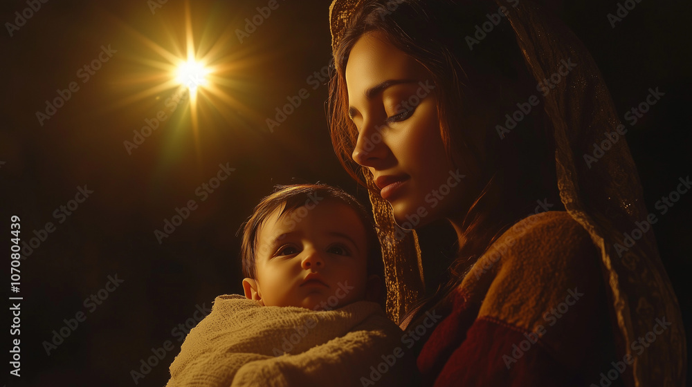 A tender image of a mother gazing lovingly at her child under a radiant ...