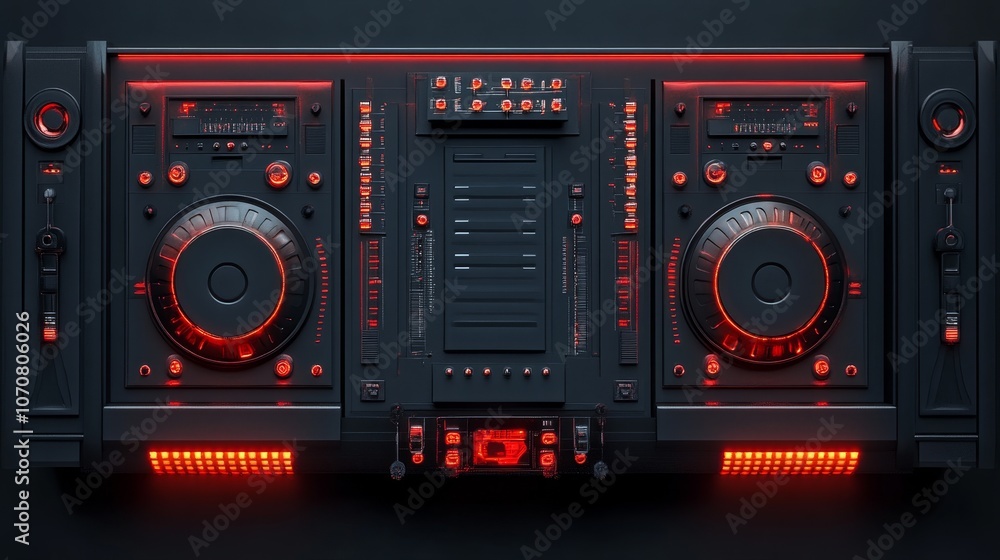 Futuristic DJ mixer console with red lights, top view, 3D render ...