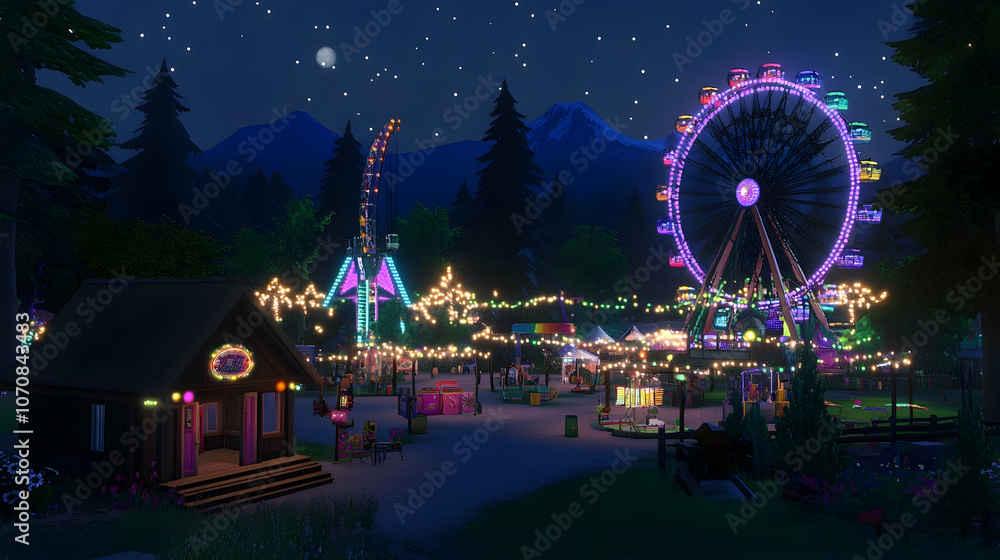 A nighttime amusement park with a Ferris wheel, roller coaster, and ...
