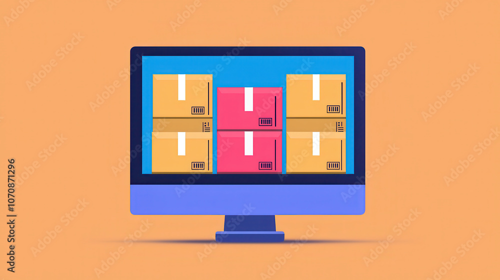 Digital inventory system displaying colorful boxes on computer screen ...