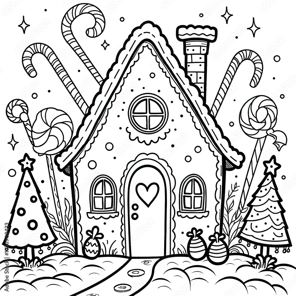 Gingerbread House Coloring Page Christmas Scene for Kids Stock Photo ...