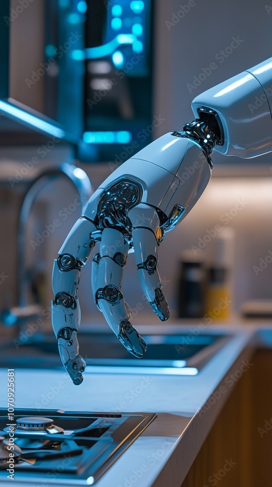 Futuristic robotic hand reaching out over a sleek kitchen countertop ...