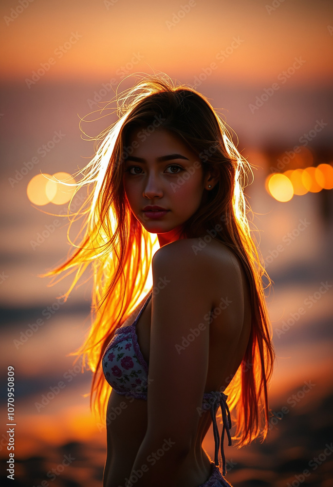 portrait of a cute young girl wearing a bikini in warm evening sunset backlight at the beach ...