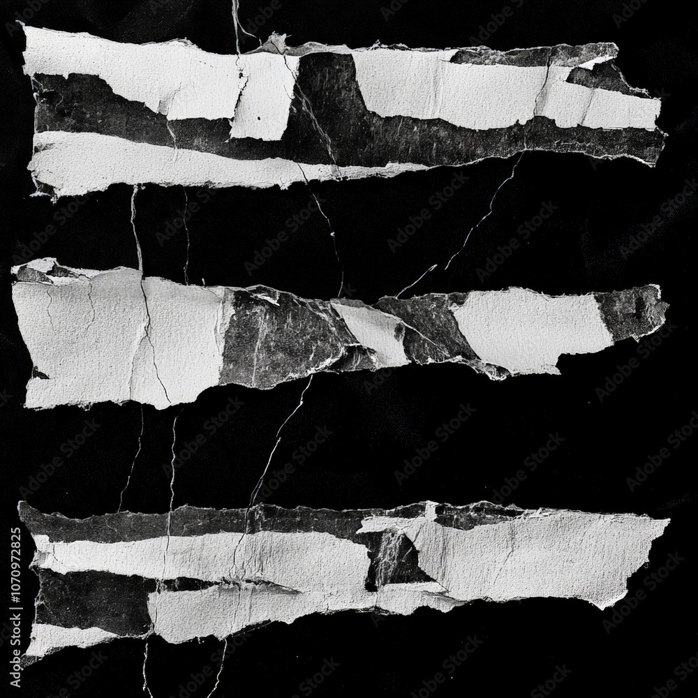 High contrast torn paper texture, black and white, ripped paper strips ...