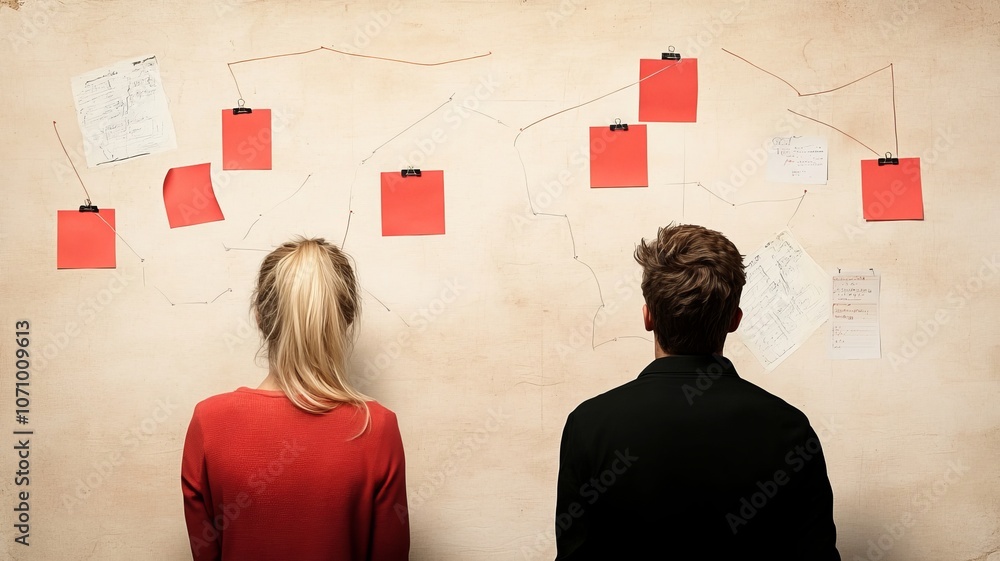 Two detectives standing in front of a large investigation board covered ...
