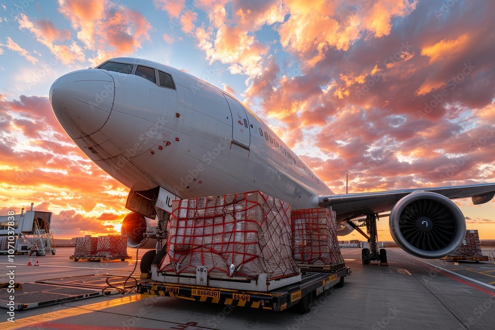 Air cargo loading at sunset with a freighter aircraft and vibrant ...