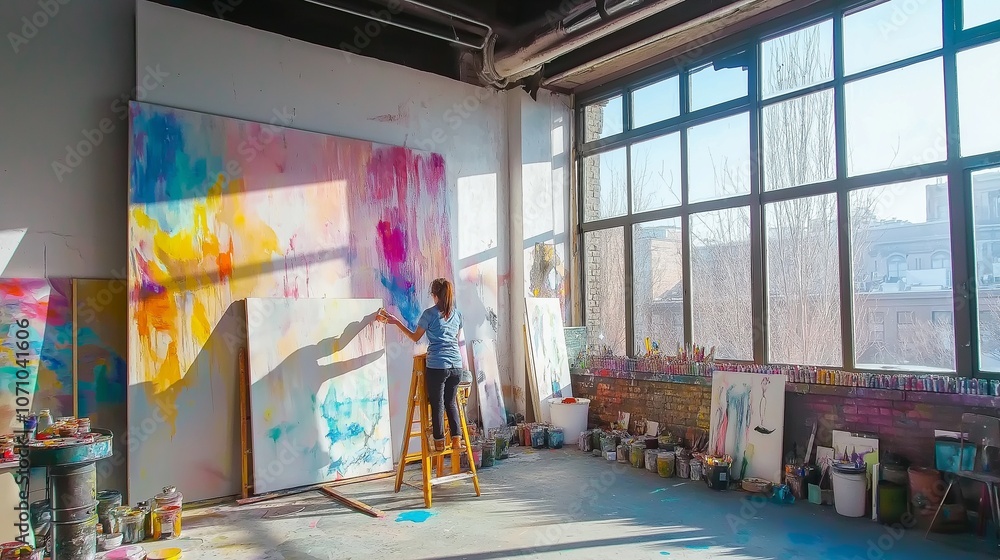 young artist painting on a large canvas in a colorful art studio, with ...