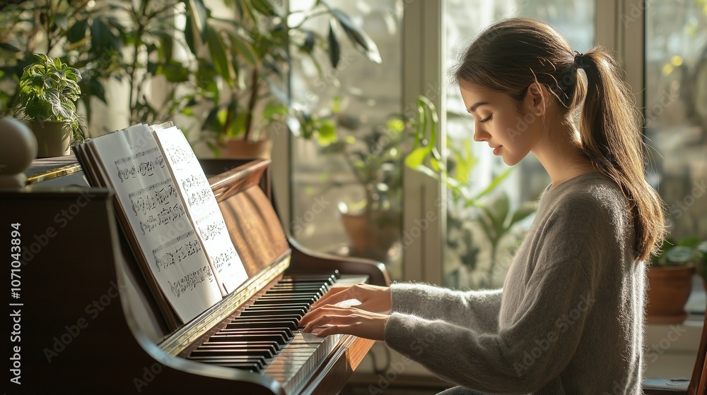 music student practicing piano in a quiet, sunlit room with sheet music ...
