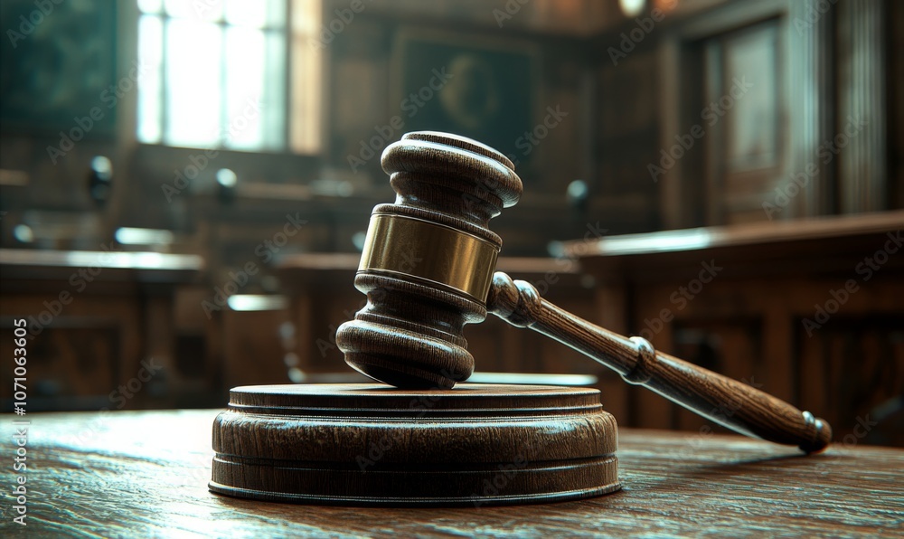 3D gavel and judge bench in a courtroom, symbolizing justice and ...