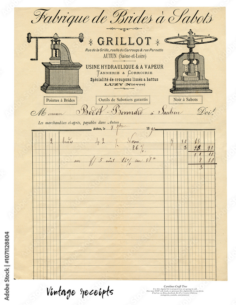 document vintage with machinery images and a detailed, gridded invoice ...