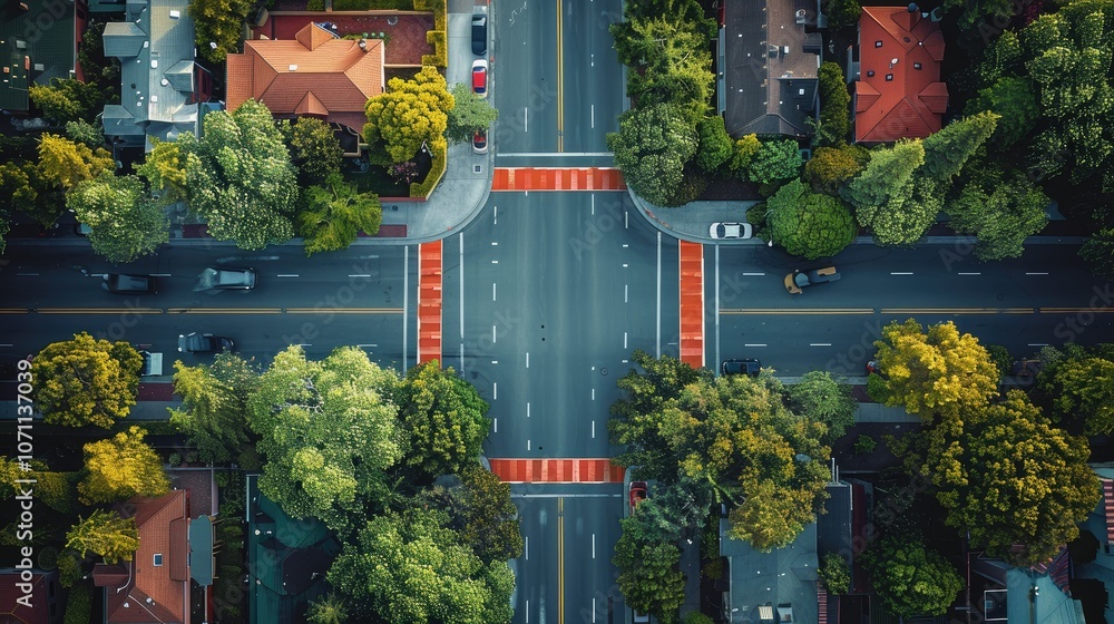 Transportation city streets intersection with houses and trees ...