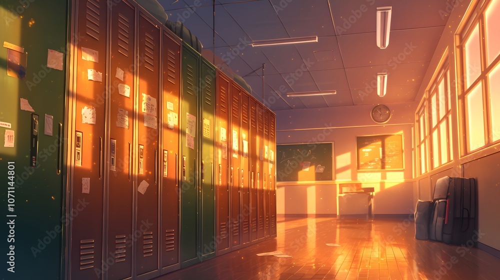 Quiet school hallway at night with rows of lockers and a clock on the ...